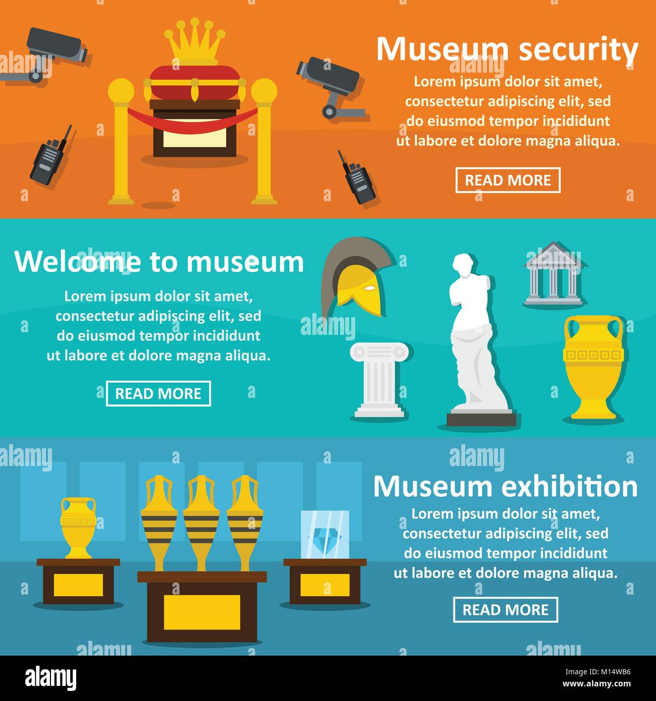 Museum exhibit banner horizontal set, flat style Stock Vector Image ...