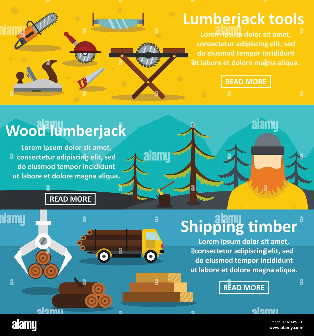 Lumberjack tools banner horizontal set, flat style Stock Vector Image ...