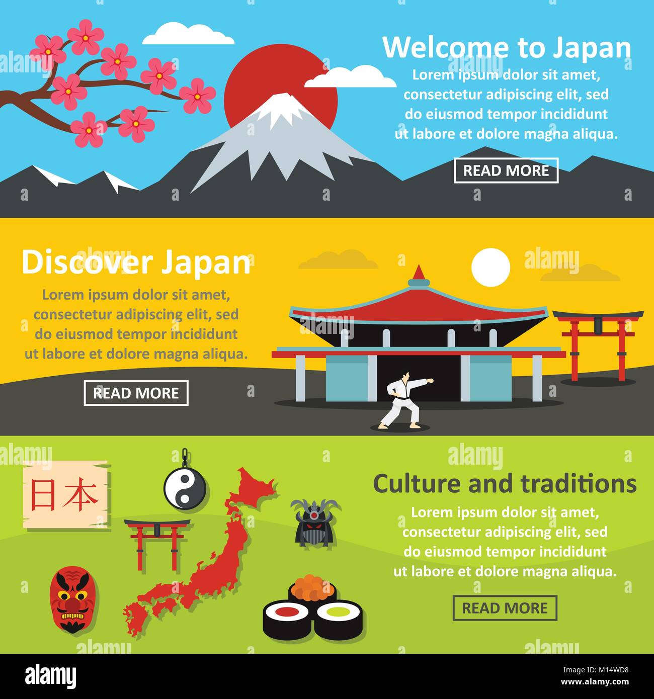 Japan landscape banner horizontal set, flat style Stock Vector Image ...