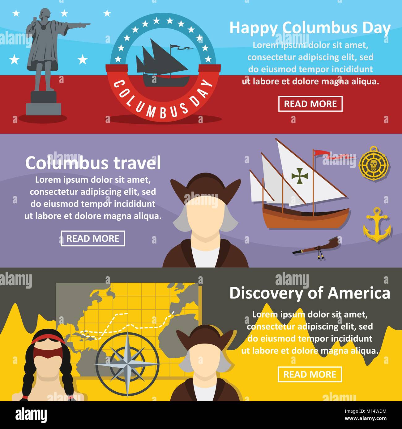 Columbus Day banner horizontal set, flat style Stock Vector Image & Art ...