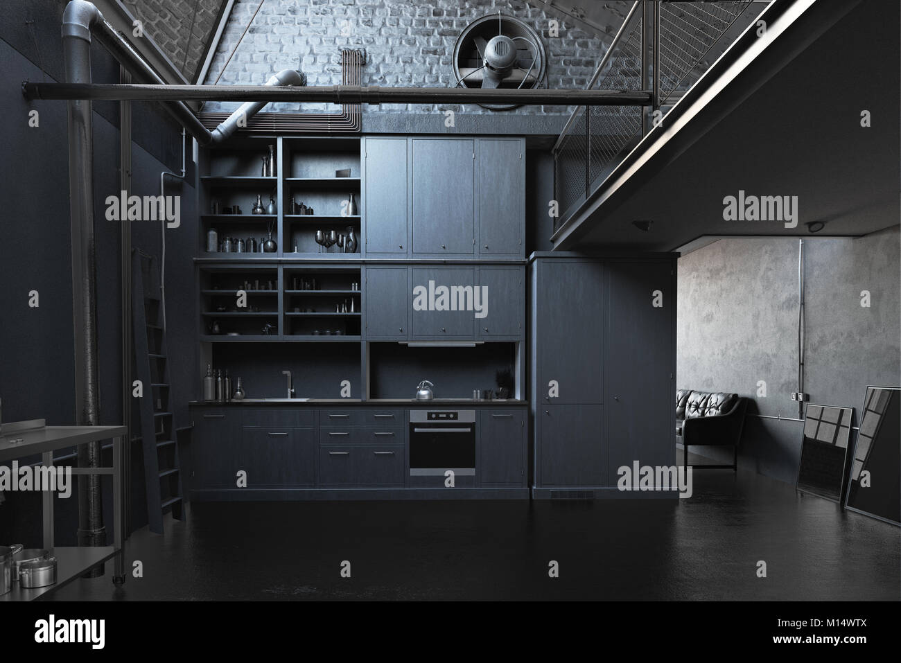 The modern black loft kitchen interior. 3d concept Stock Photo - Alamy
