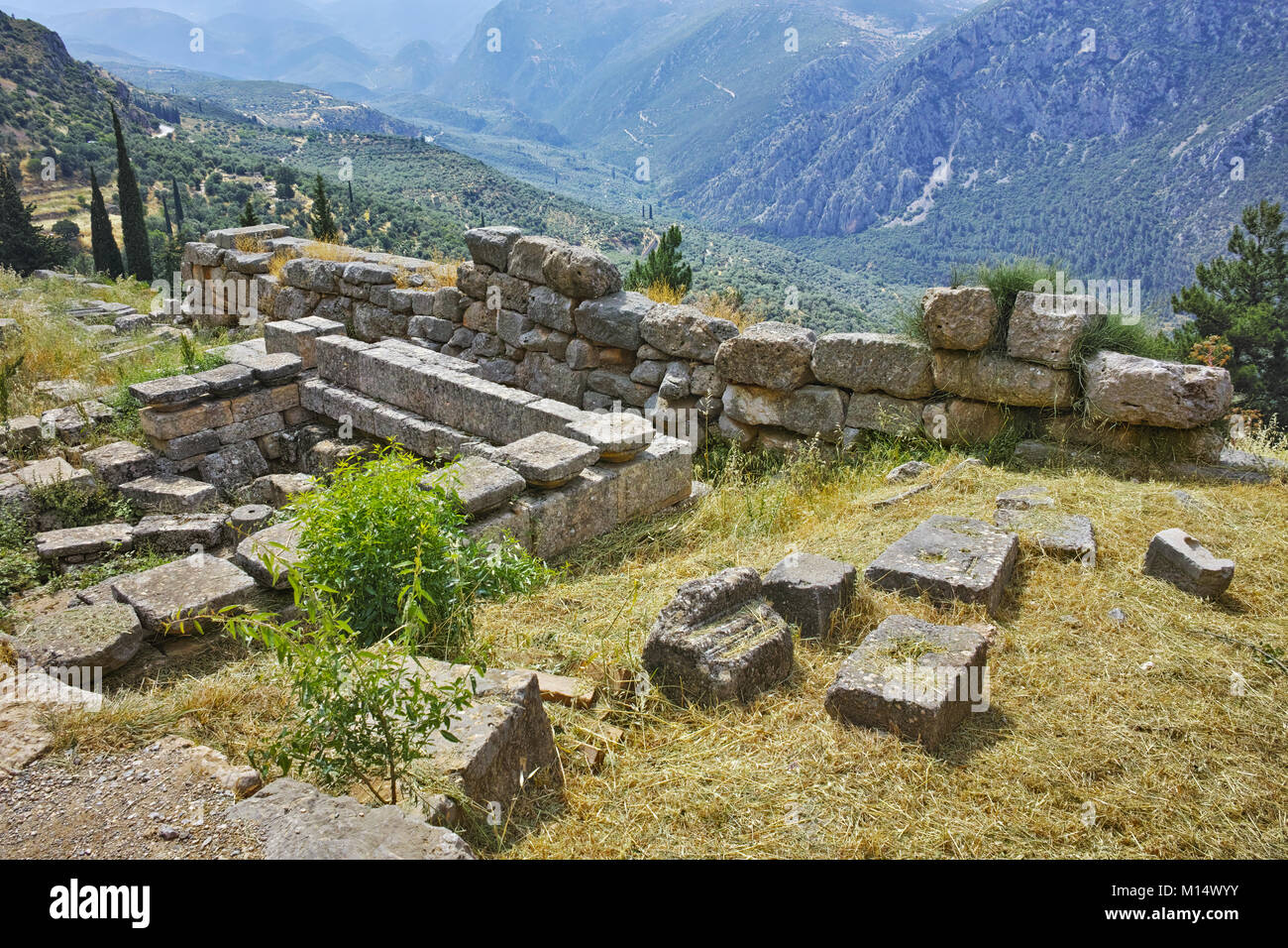 Panoramic view of Ancient Greek archaeological site of Delphi, Central ...