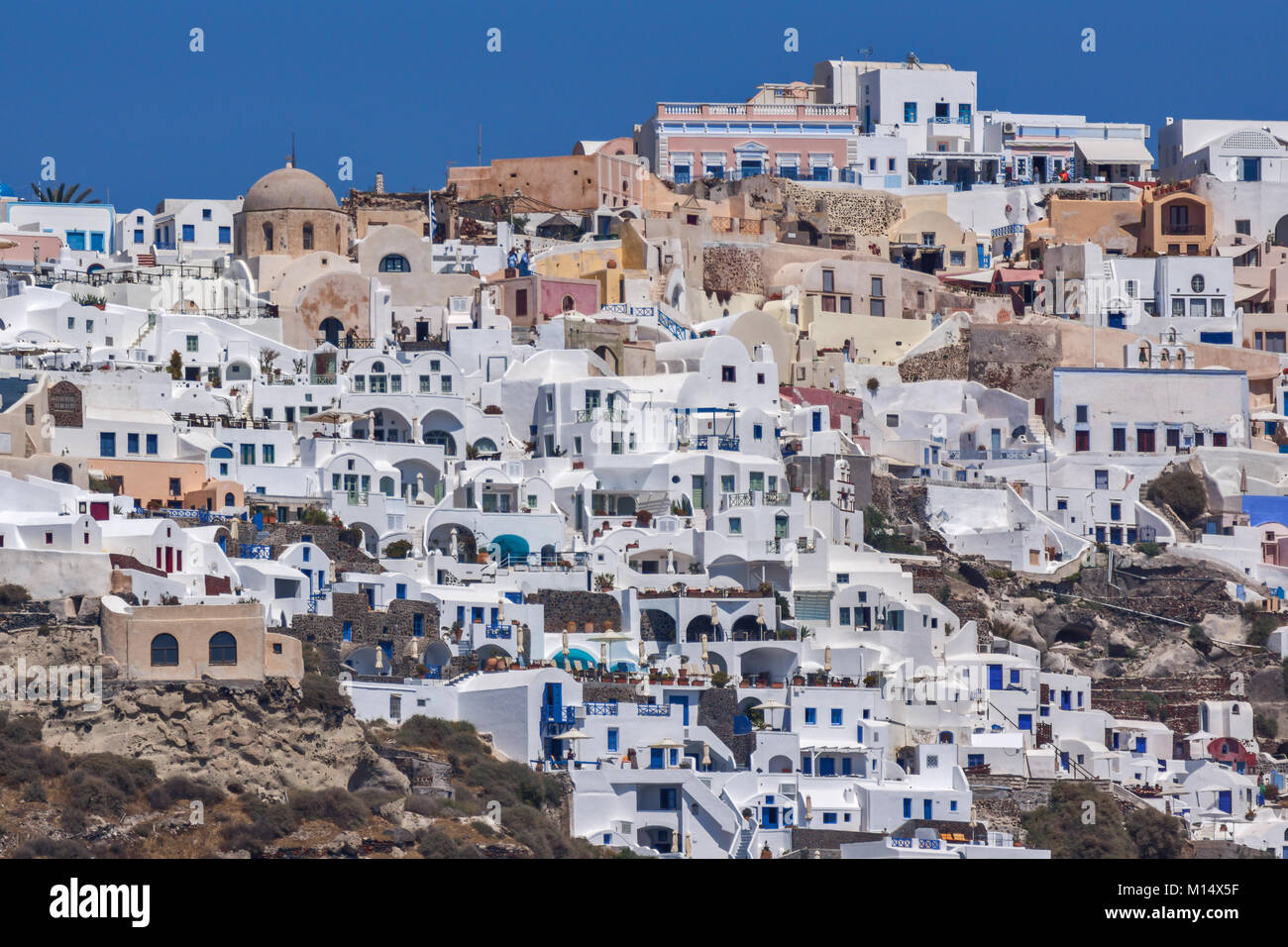 Panoramic view to Oia town from the sea, Santorini island, Cyclades ...