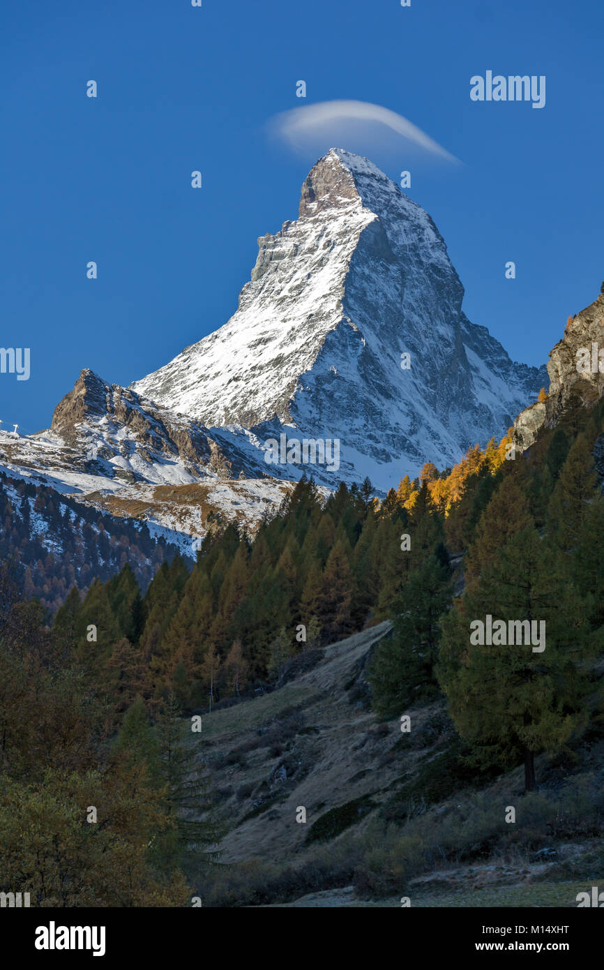First Rays of Sun over Matterhorn peak, view from Zermatt, Canton of ...