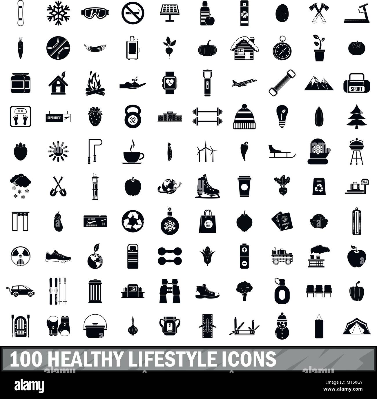 100 healthy lifestyle icons set, simple style Stock Vector Image & Art ...