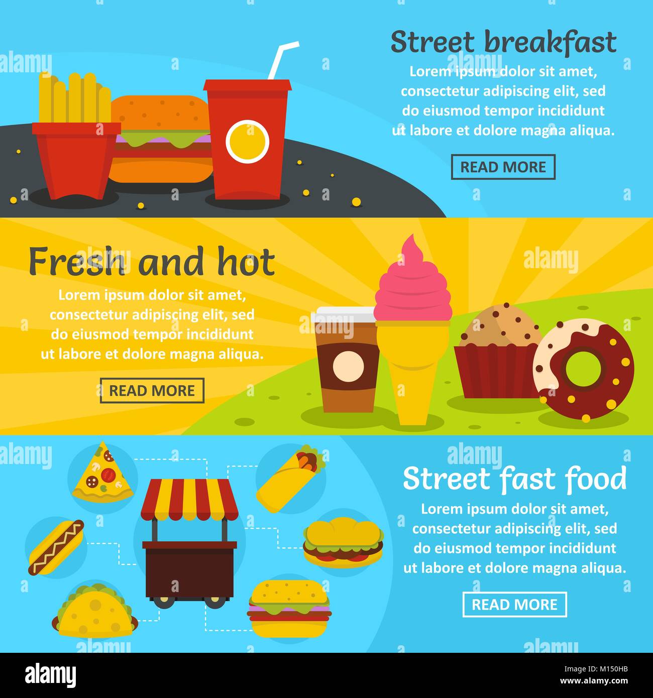 Street fast food banner horizontal set, flat style Stock Vector Image ...