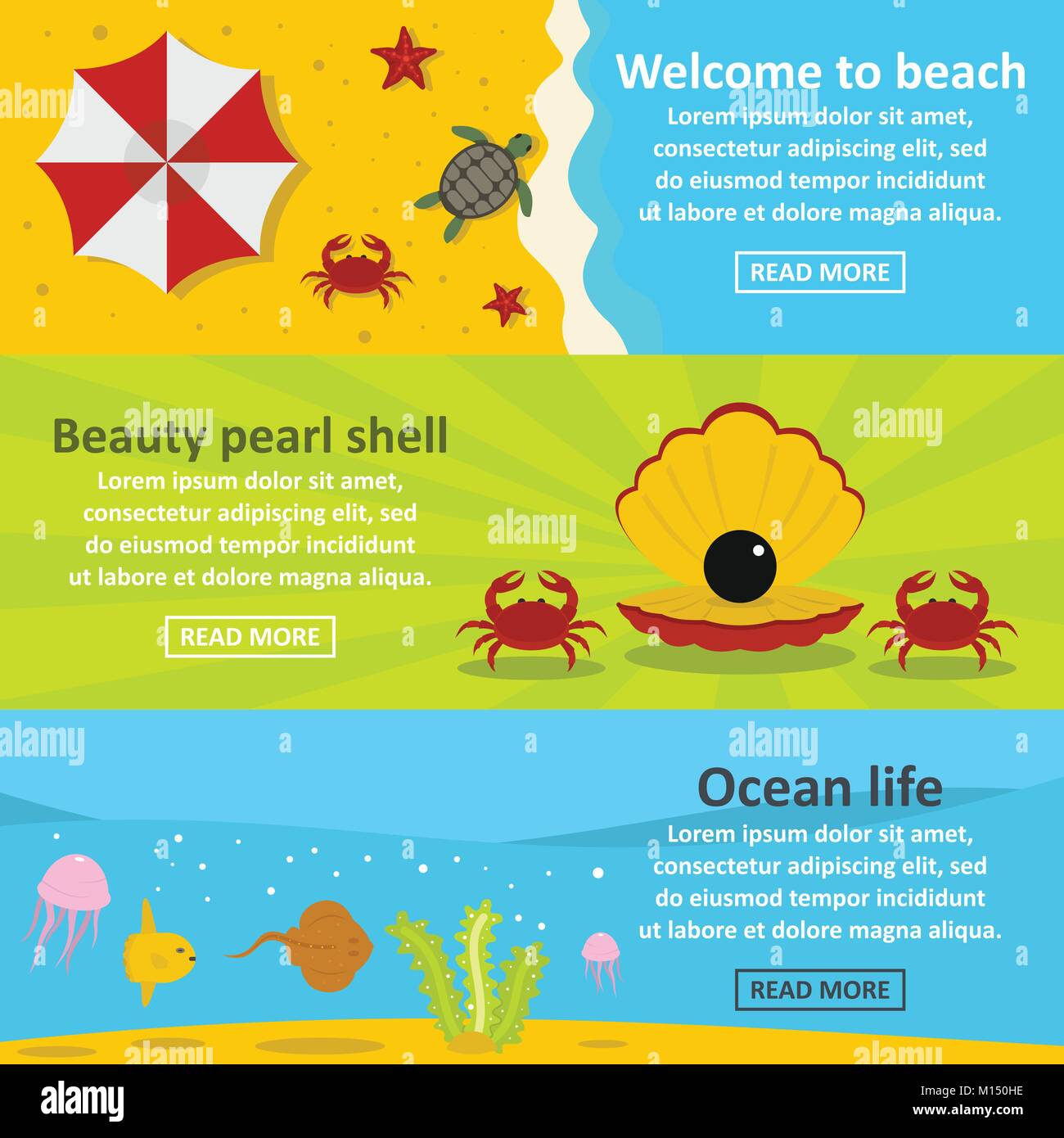 Ocean life banner horizontal set, flat style Stock Vector Image & Art ...