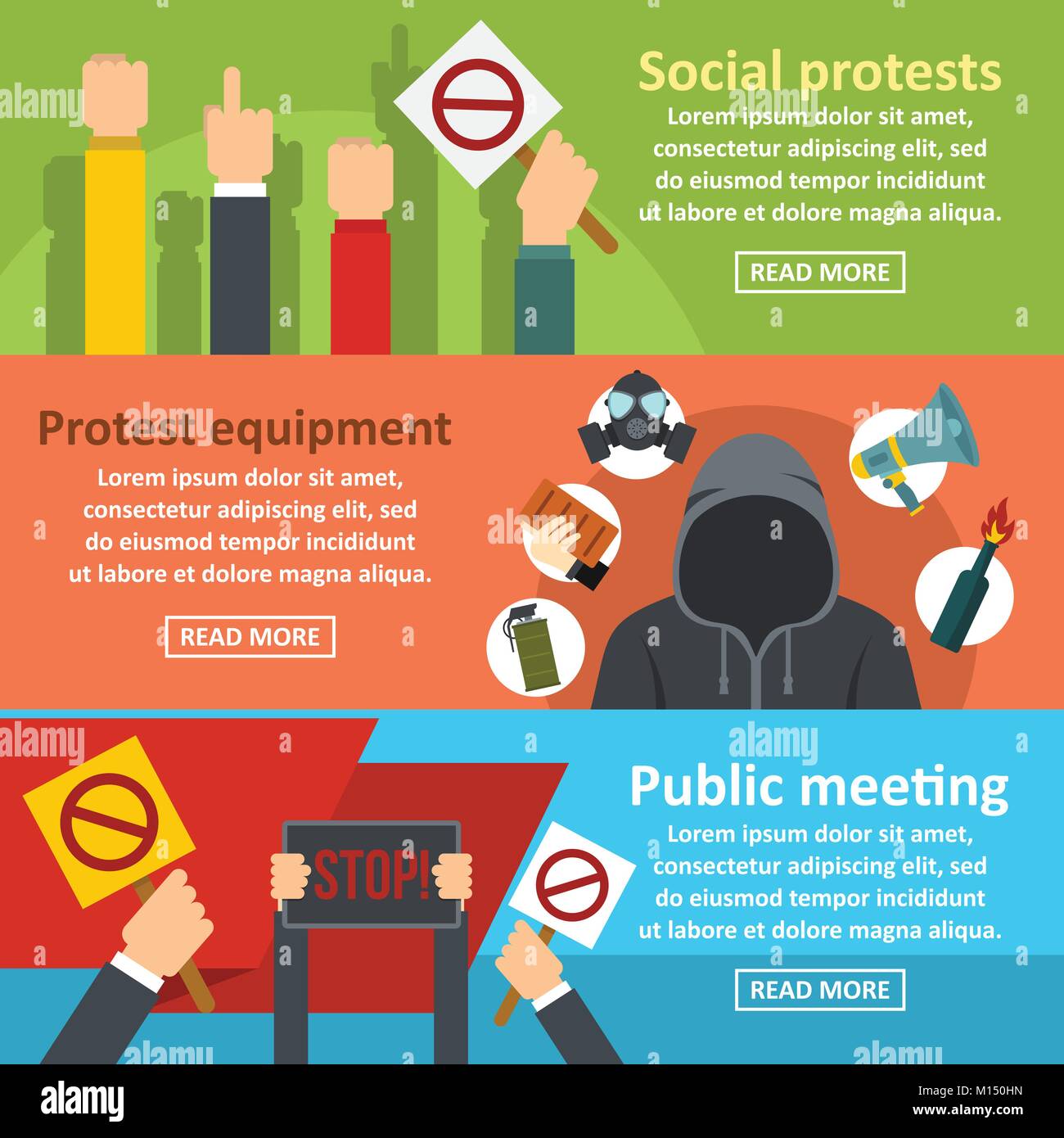 Protest meeting banner horizontal set, flat style Stock Vector Image ...