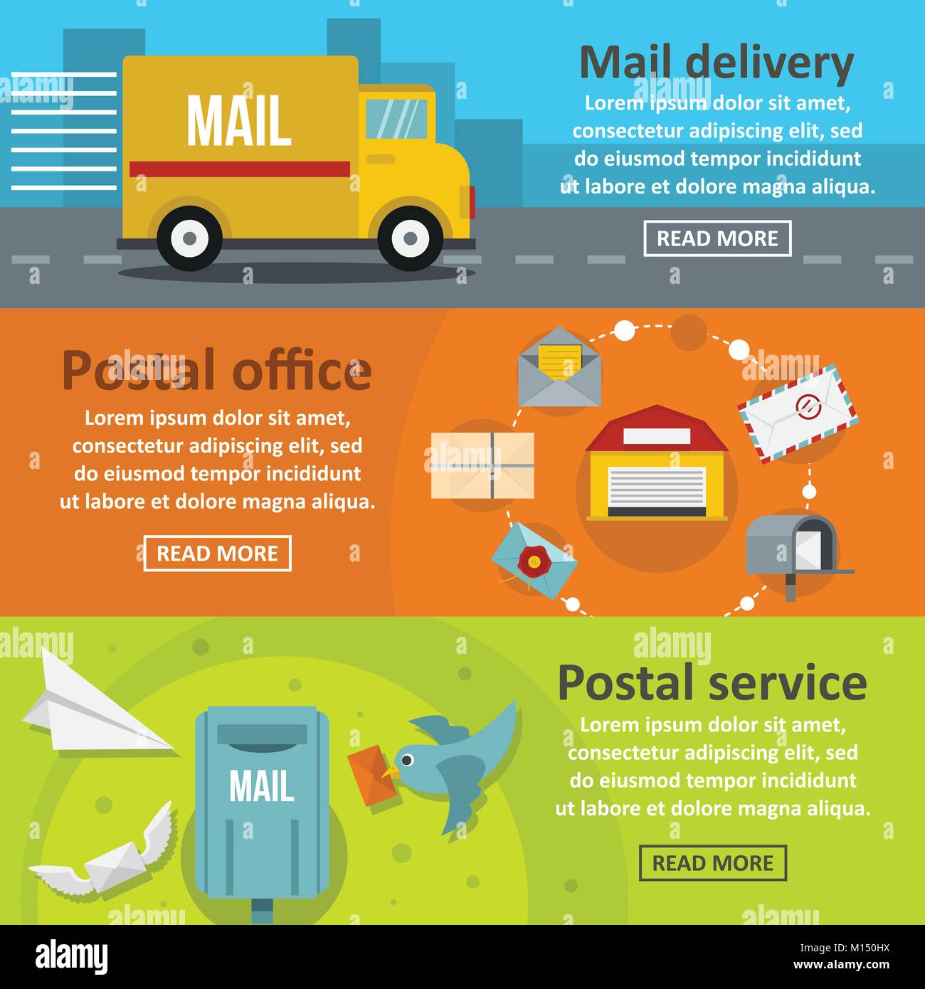 Postal delivery banner horizontal set, flat style Stock Vector Image ...