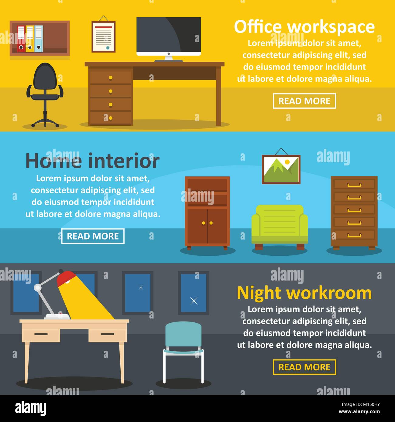 Office interior banner horizontal set, flat style Stock Vector Image ...