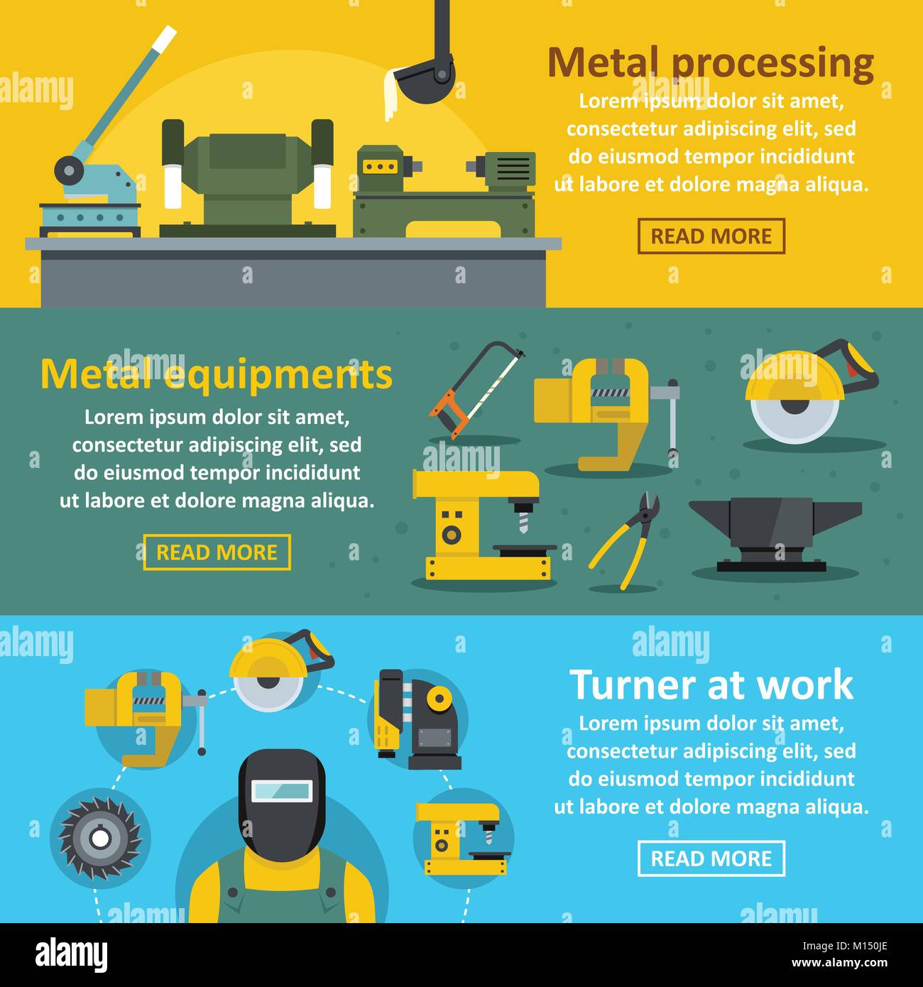 Metal working banner horizontal set, flat style Stock Vector Image ...
