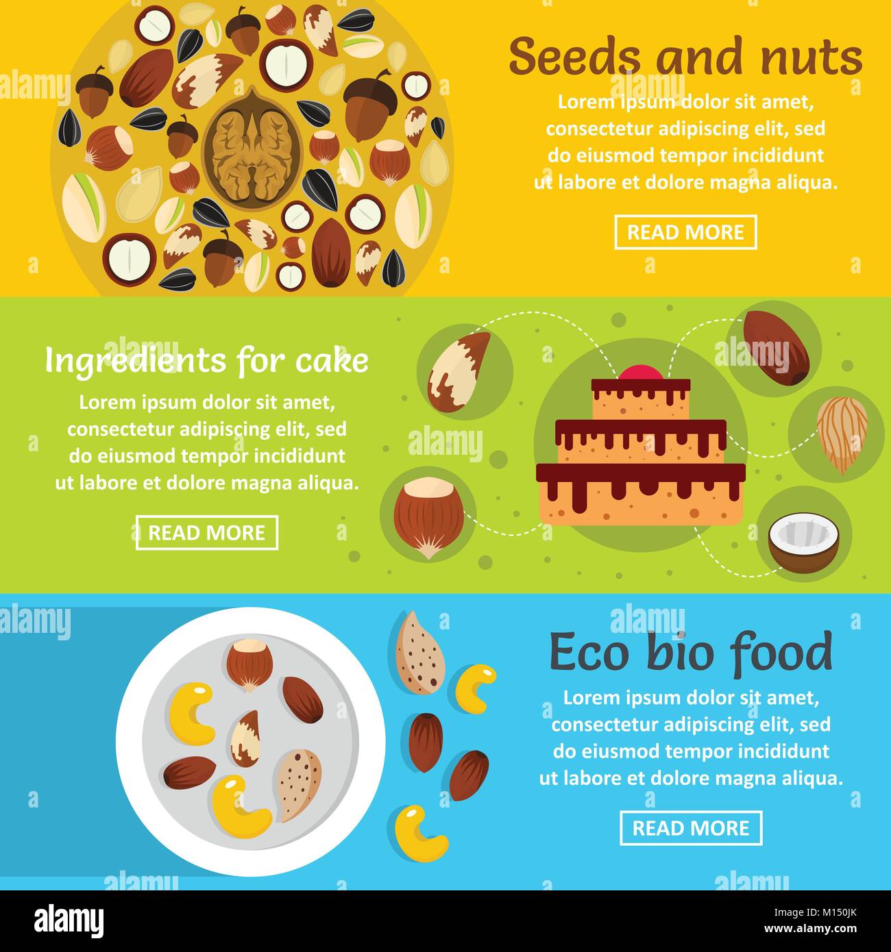 Nuts seeds food banner horizontal set, flat style Stock Vector Image ...