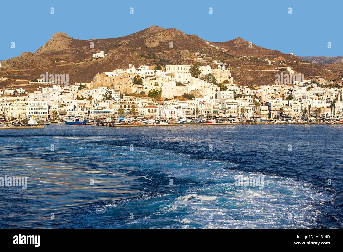 Greece, Cyclades islands, Naxos island, Naxos port with the castle ...