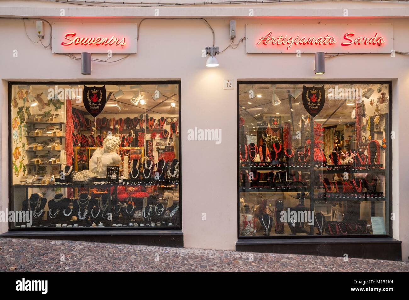 Italy, Sardinia, Alghero, facade of shop of jewels in red coral in the ...
