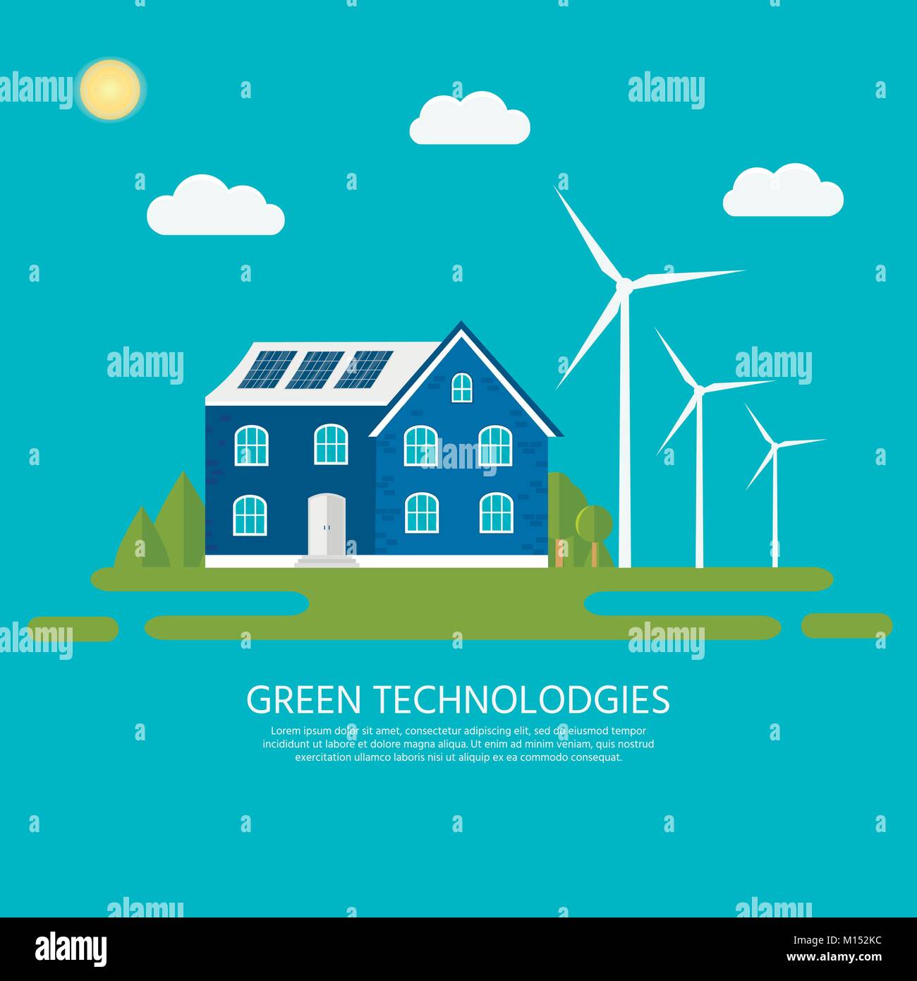 Green modern house with solar panels and wind turbine. Eco friendly ...