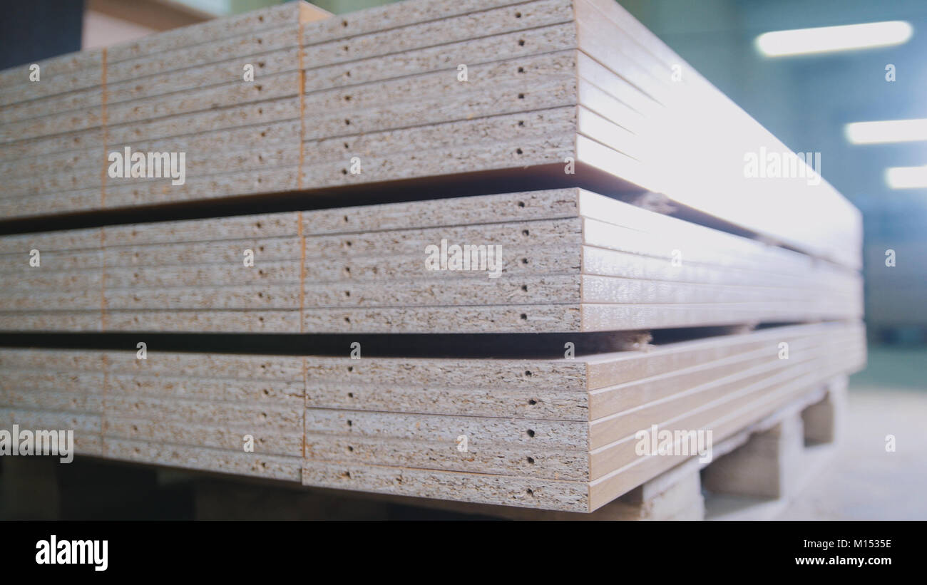 Stack of wood particleboard panels on the warehouse or factory Stock ...