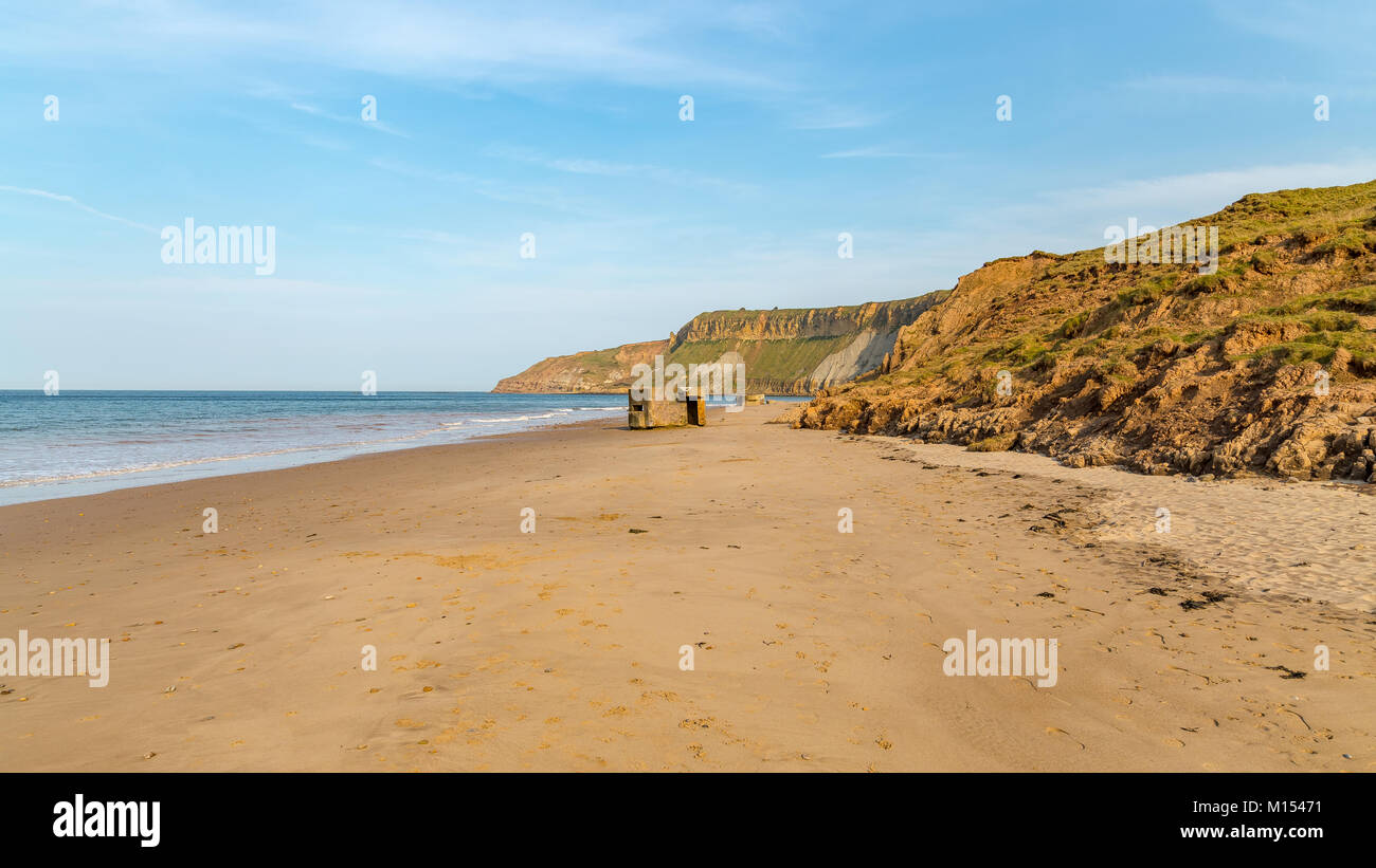 Old bunker and beach at Cayton Bay near Scarborough, North Yorkshire ...