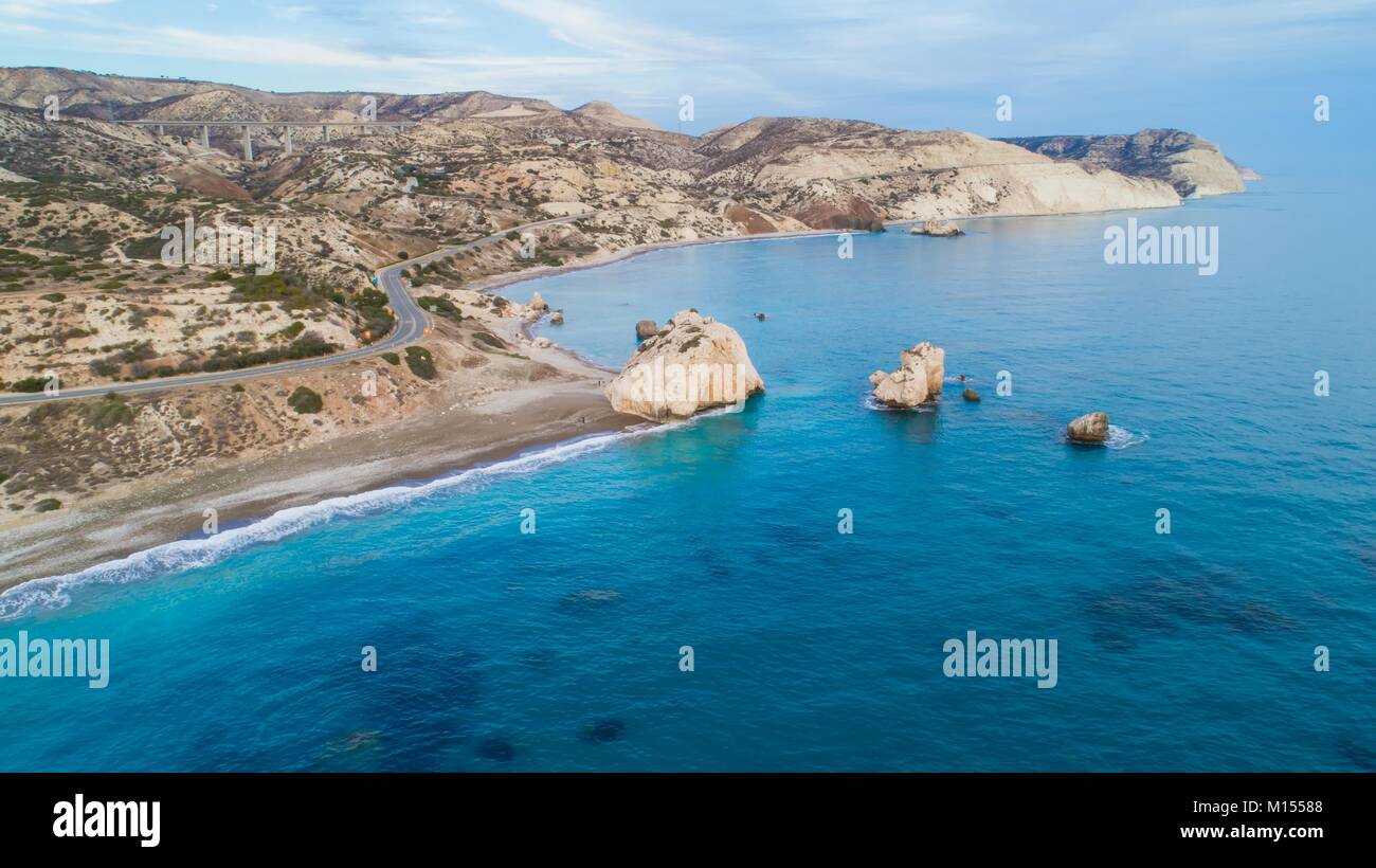 Aerial Bird's eye view of Petra tou Romiou, aka Aphrodite's rock a ...