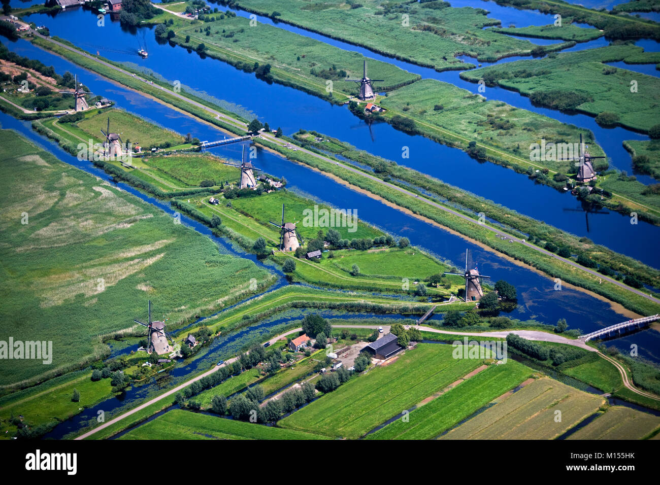 The Netherlands, Kinderdijk near Rotterdam. Windmills in polder. Aerial ...