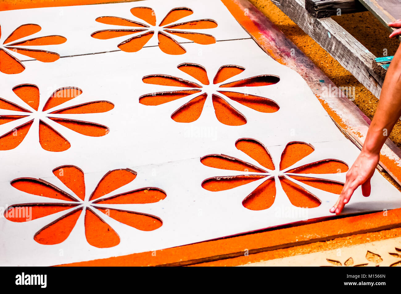 Antigua, Guatemala - March 25, 2007: Decorating dyed sawdust Holy Week ...