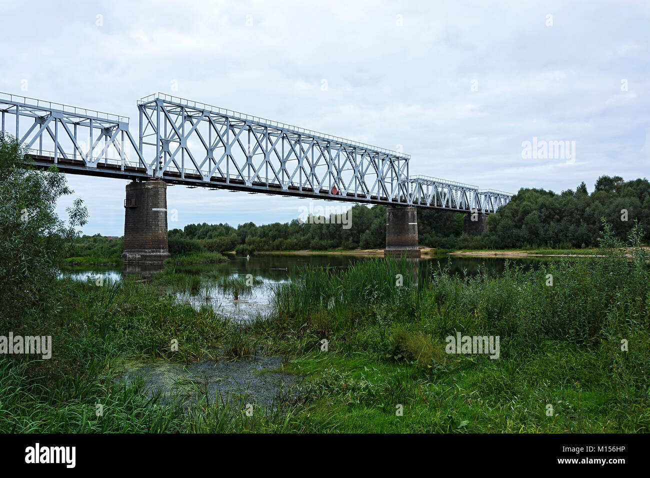 Railway bridge on concrete piers across the river Stock Photo - Alamy
