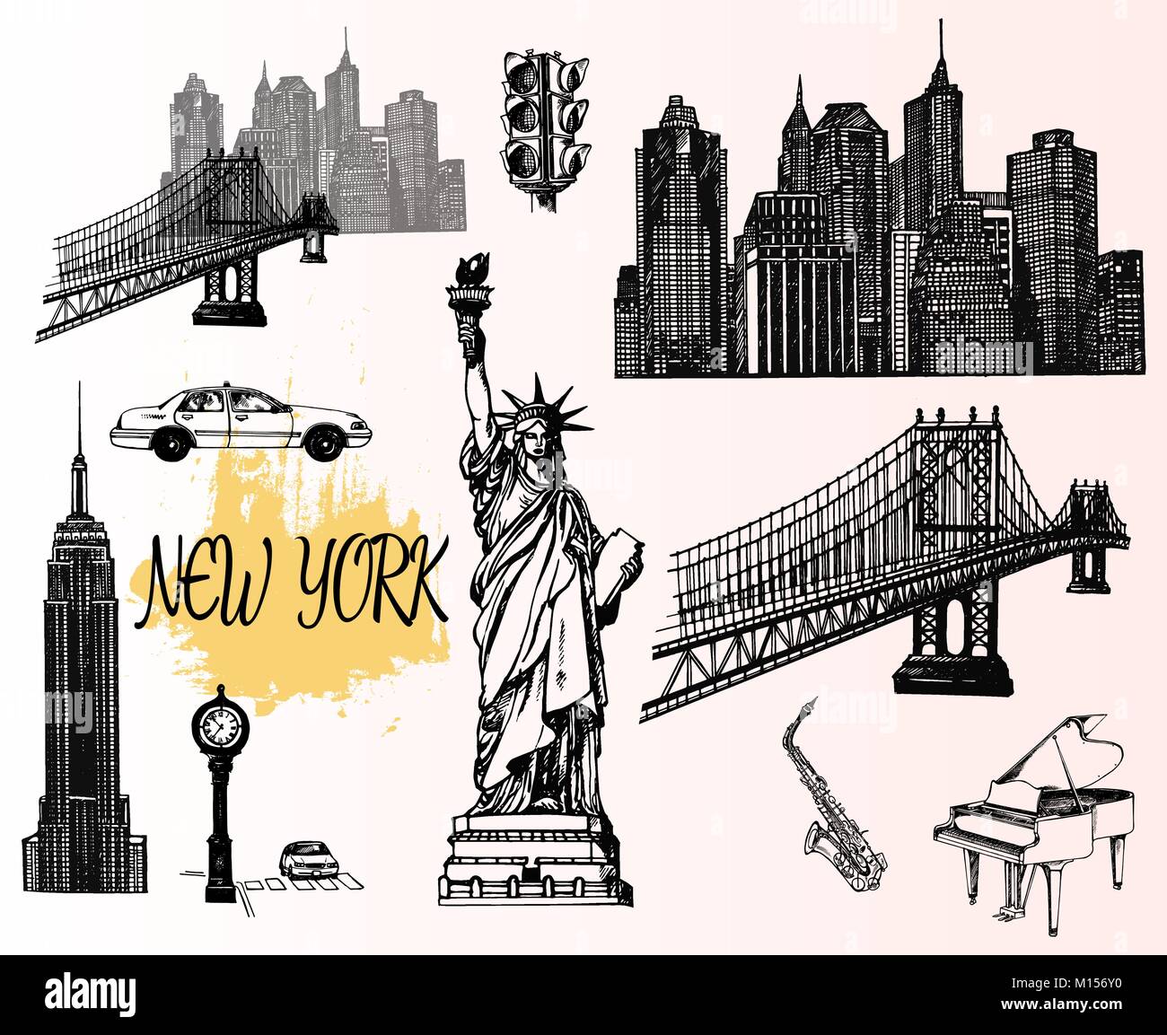 Set of hand drawn sketch style New York themed isolated objects. Vector ...