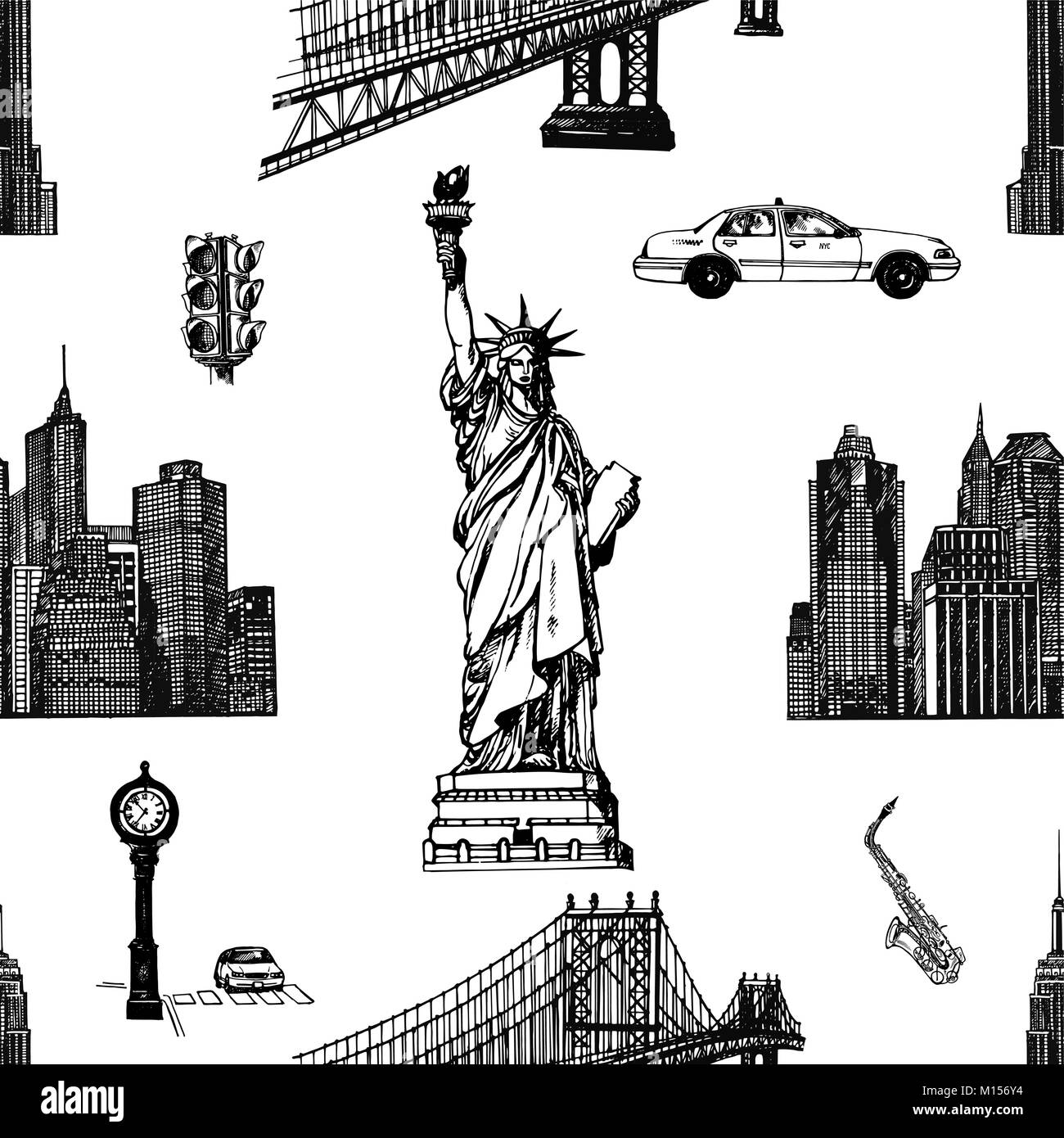 Seamless pattern of hand drawn sketch style New York themed isolated ...