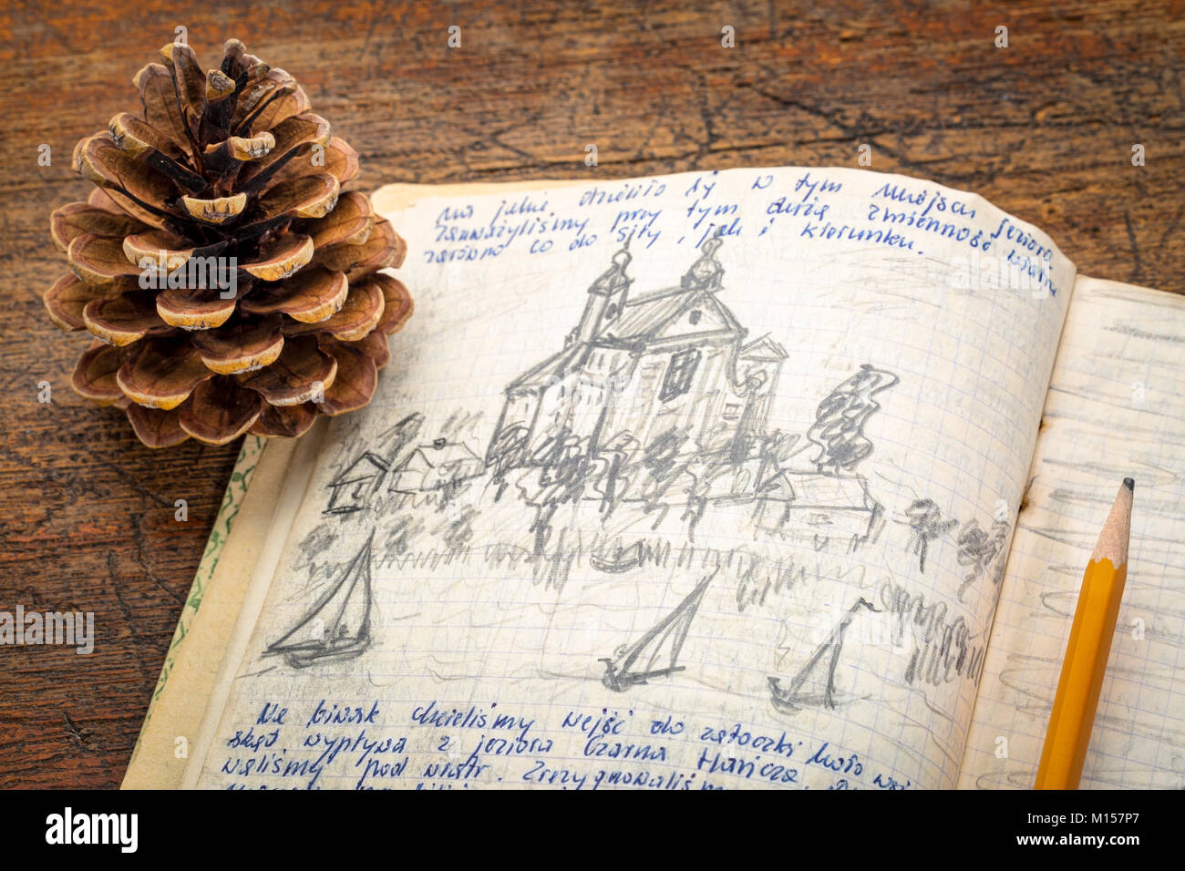 Kayak expedition journal - handwriting and drawing in pencil. Travel ...