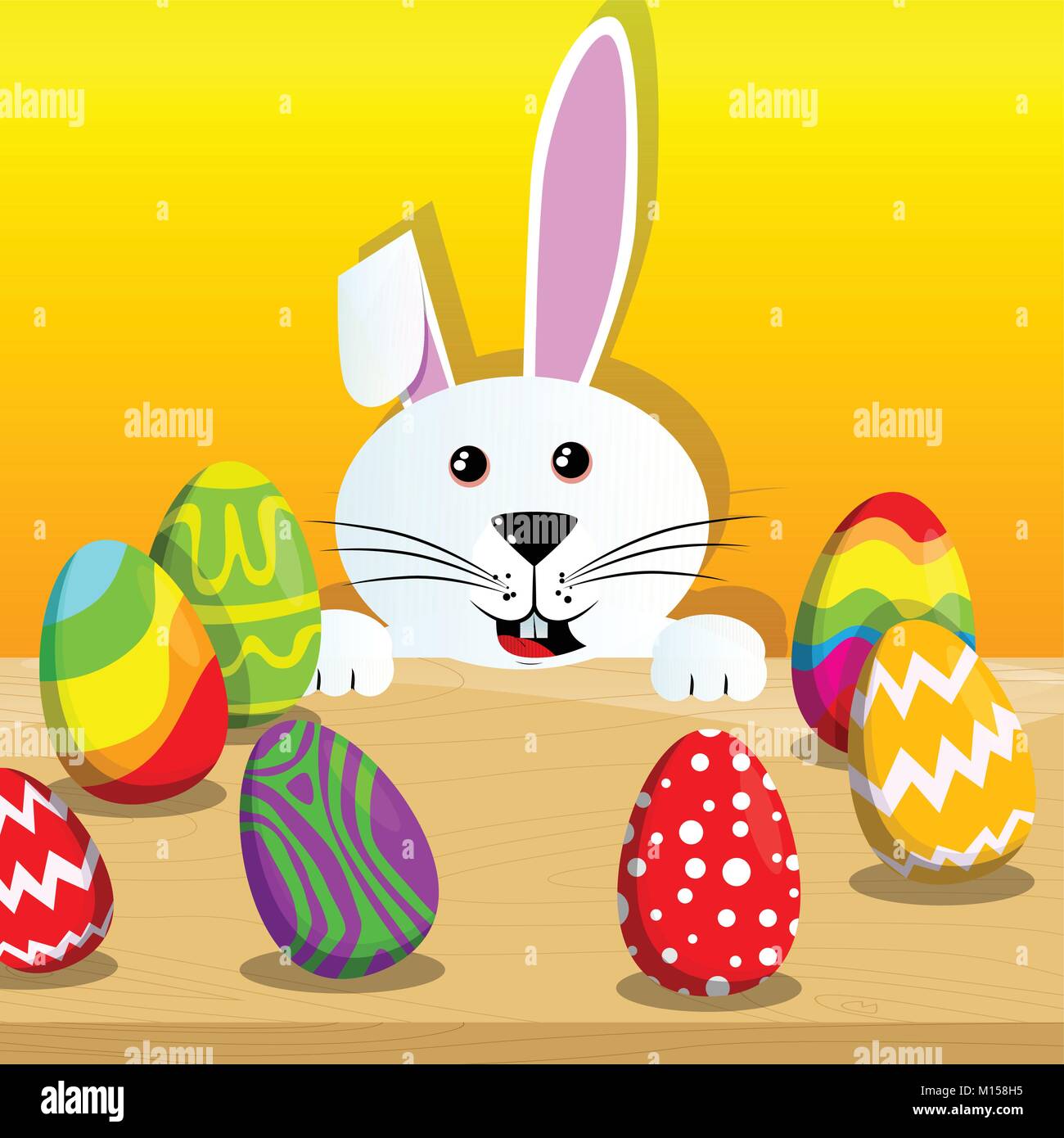 Easter bunny with colored eggs on a desk. Vector cartoon character ...