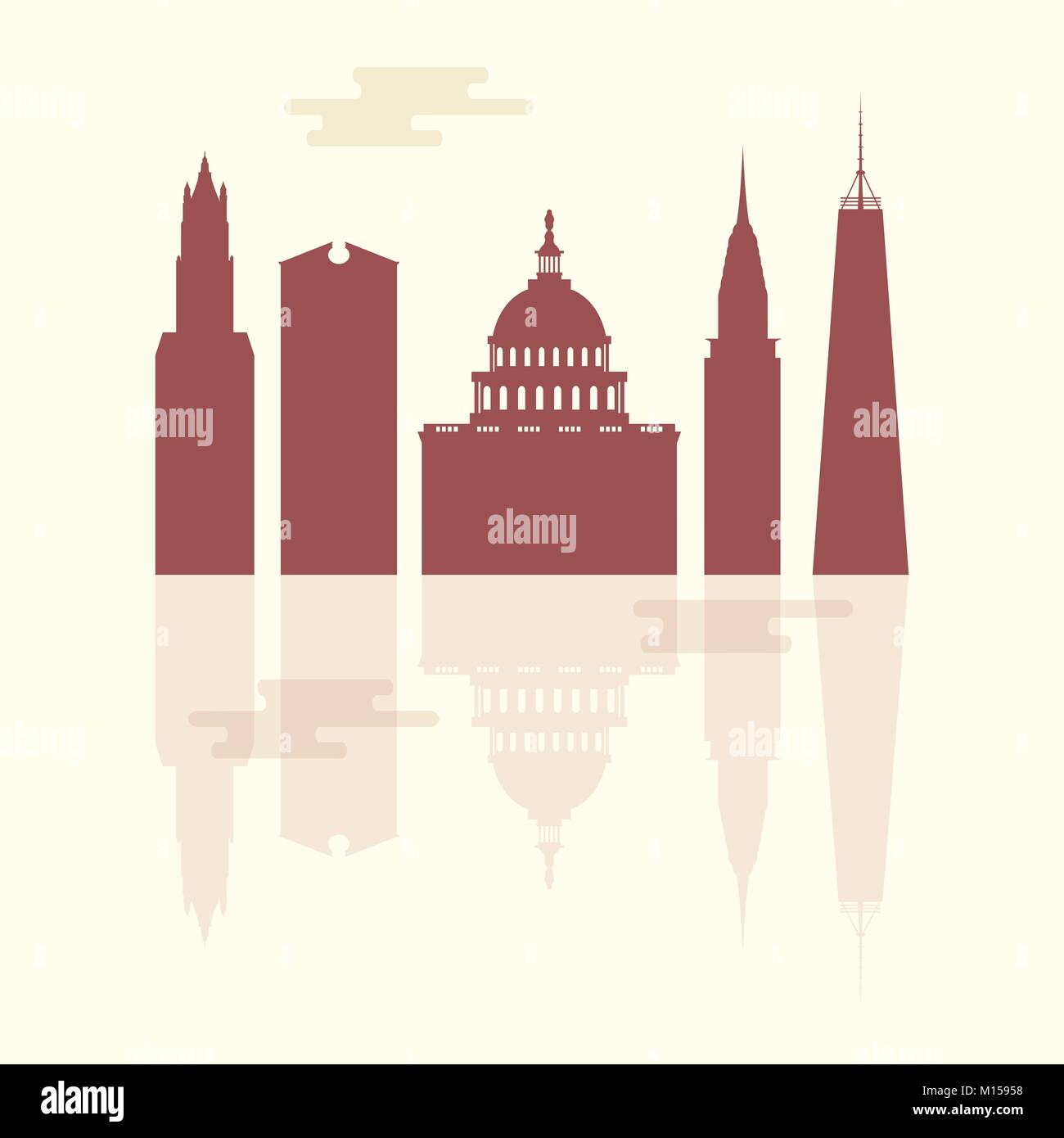 Silhouettes of famous buildings and modern buildings in the USA. Tall ...
