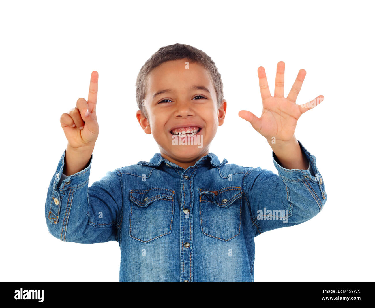 Adorable child counting with his fingers isolated on a white background ...