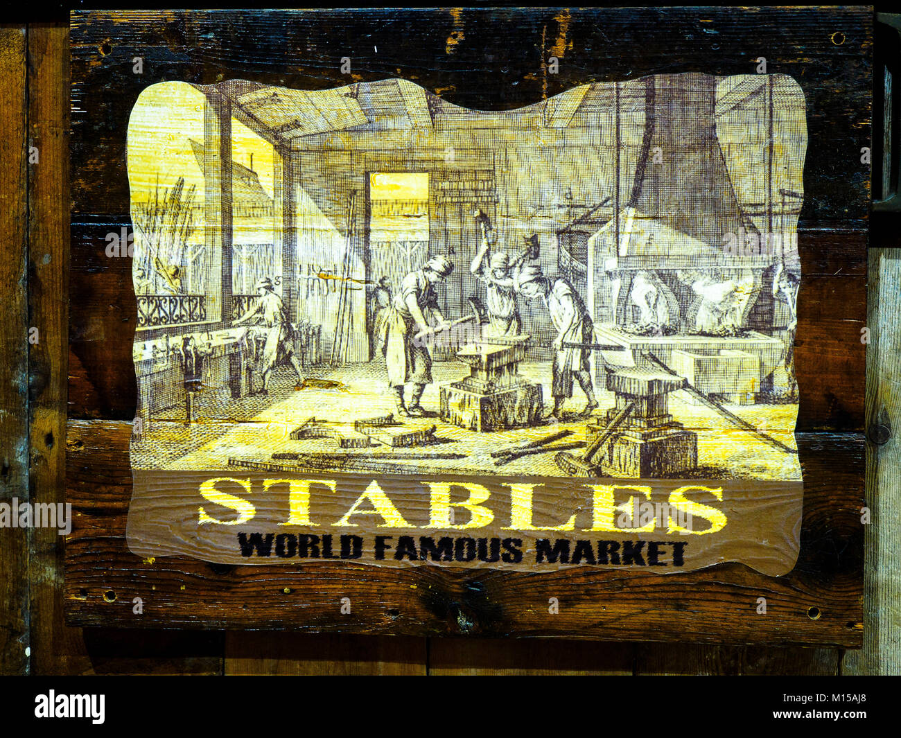 Wooden sign of the Stables Market in Camden Town - London, England ...