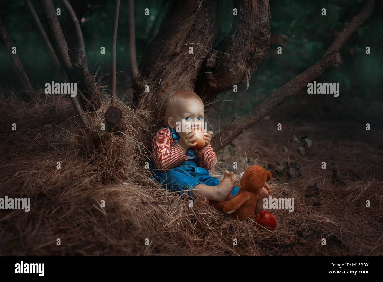 Baby girl is sitting under a tree and eating an apple Stock Photo - Alamy