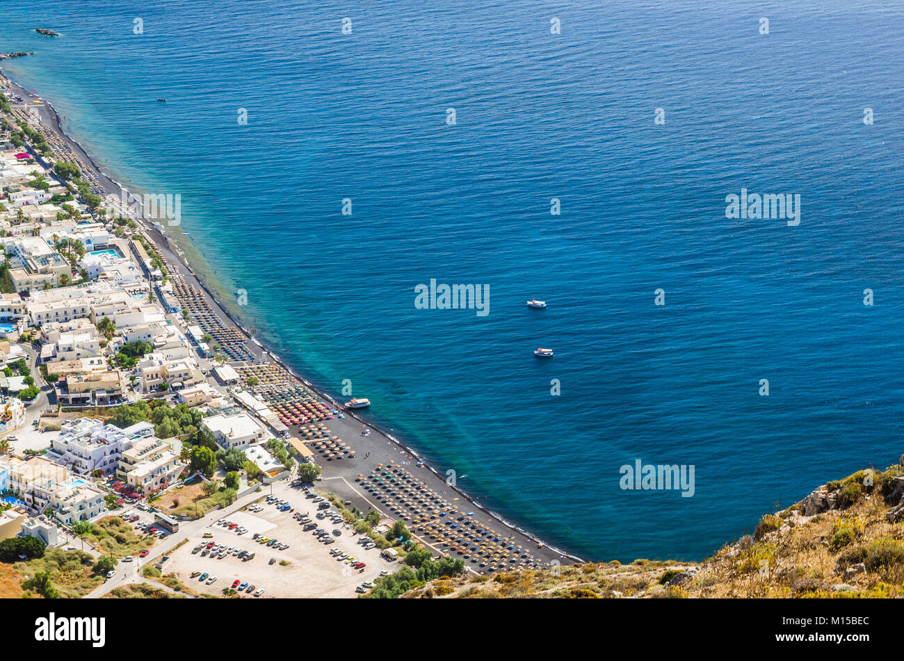 Kamari beach, Santorini island, Greece. Beautiful aerial view of Kamari ...