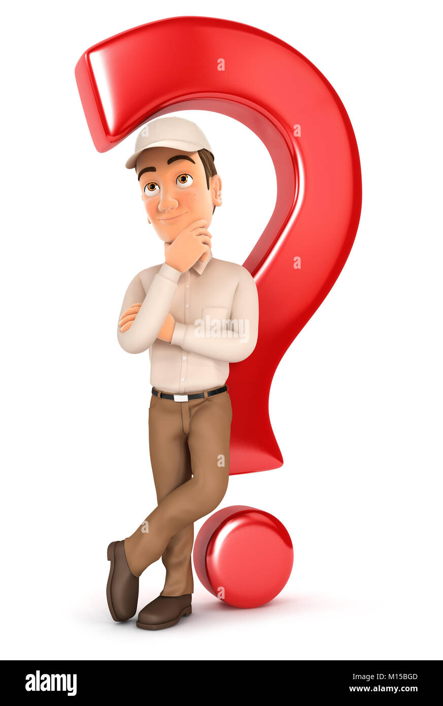 3d delivery man leaning back against question mark, illustration with ...