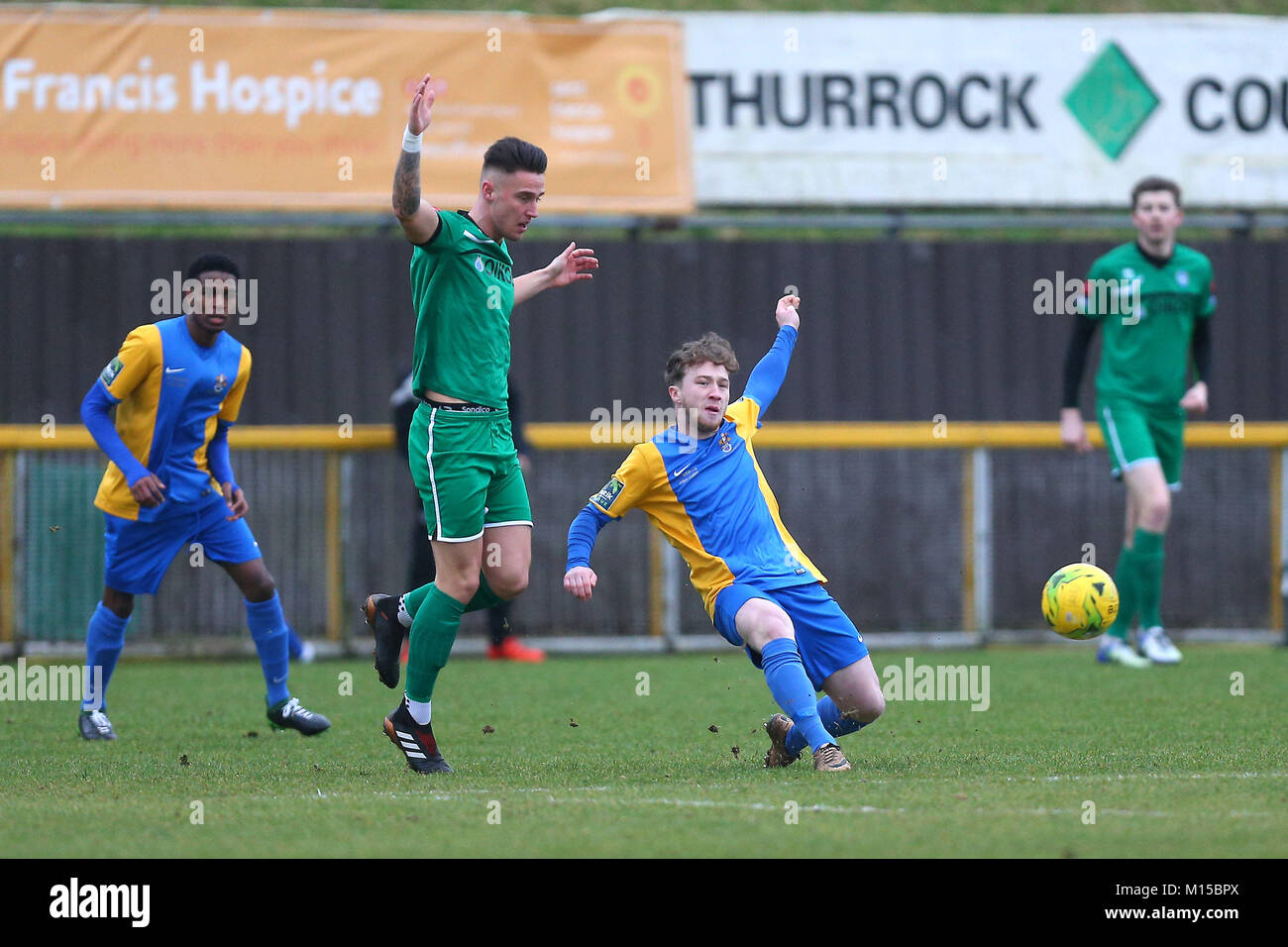 Harry Daly of Romford and George Craddock of Canvey during Romford vs ...
