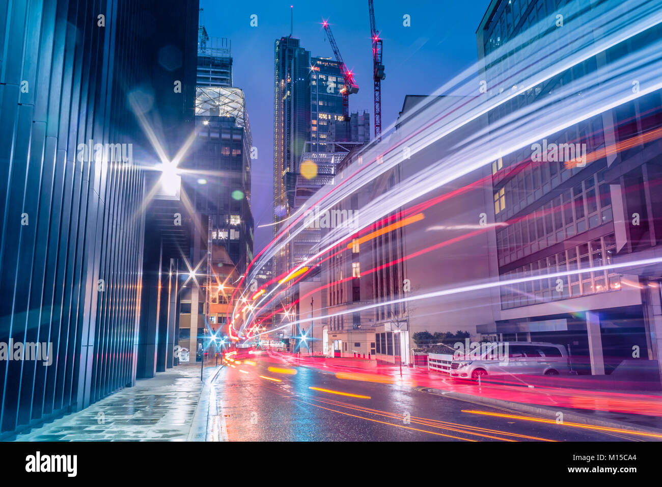 Light trails in the downtown district of London. Long exposure Stock ...