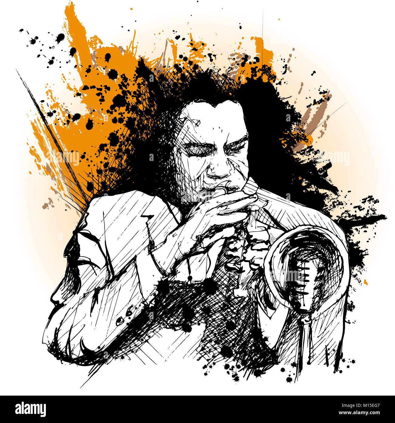 Vector illustration of a trumpet player on grunge background Stock ...