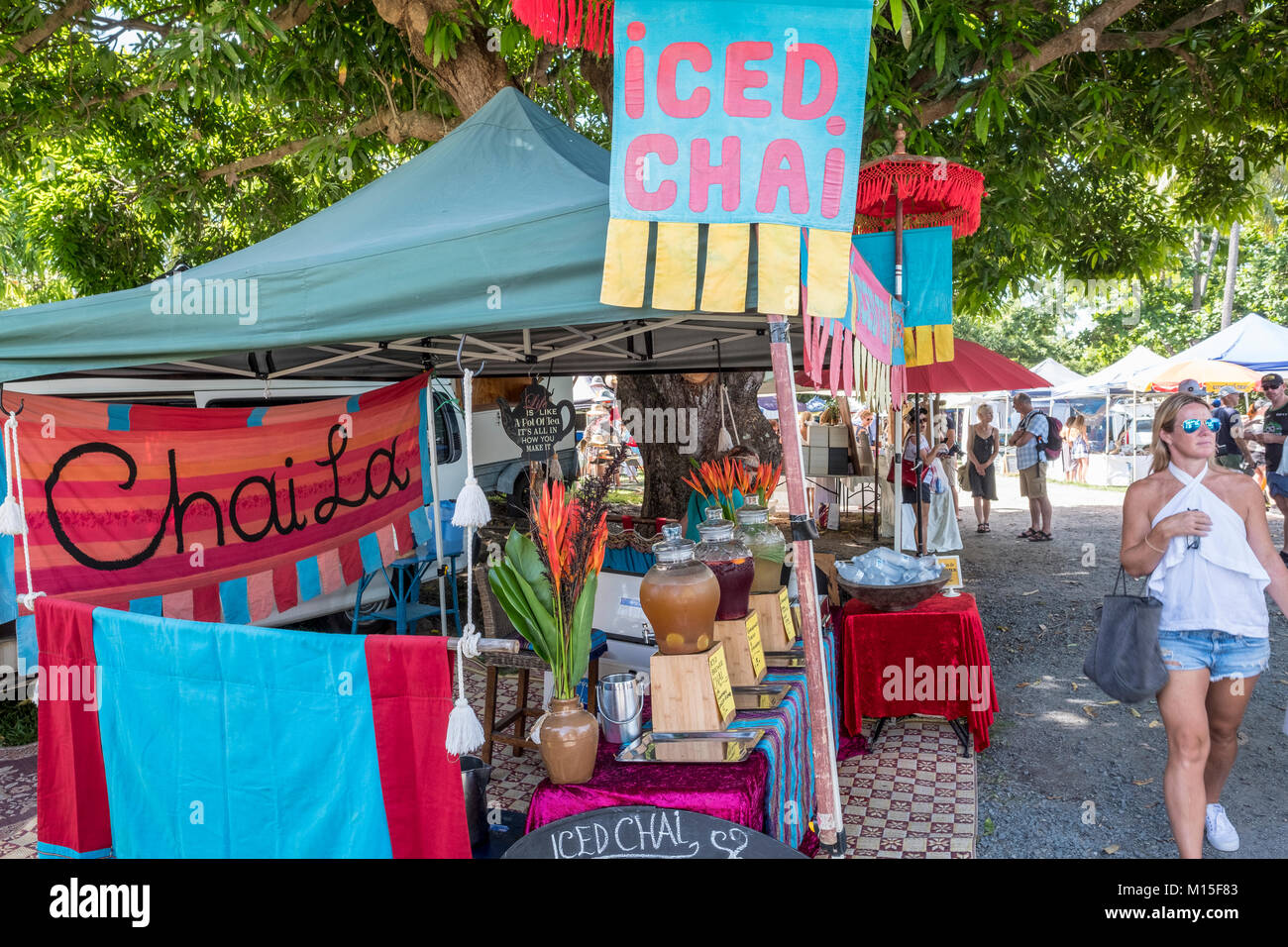 Iced chai tea sign at a stall at Port Douglas sunday markets, Far north ...