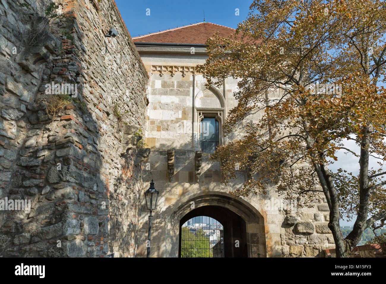 Medieval castle alley, gate and walls in Bratislava, Slovakia Stock ...