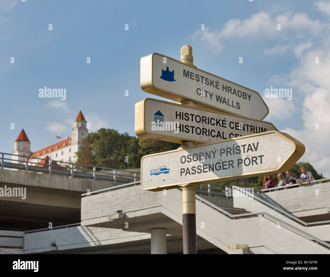 Info tourist pointer closeup in Bratislava old town, sign board with ...