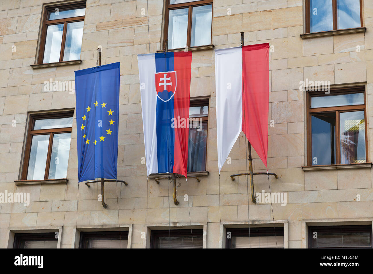 Flags of Slovakia, Bratislava and European Union outdoor closeup Stock ...