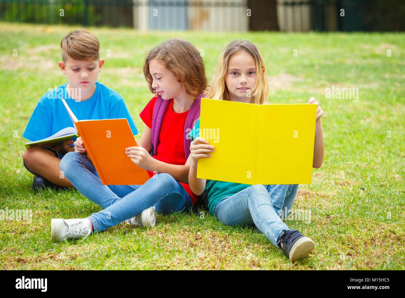 Group of children reading books at the park Stock Photo - Alamy