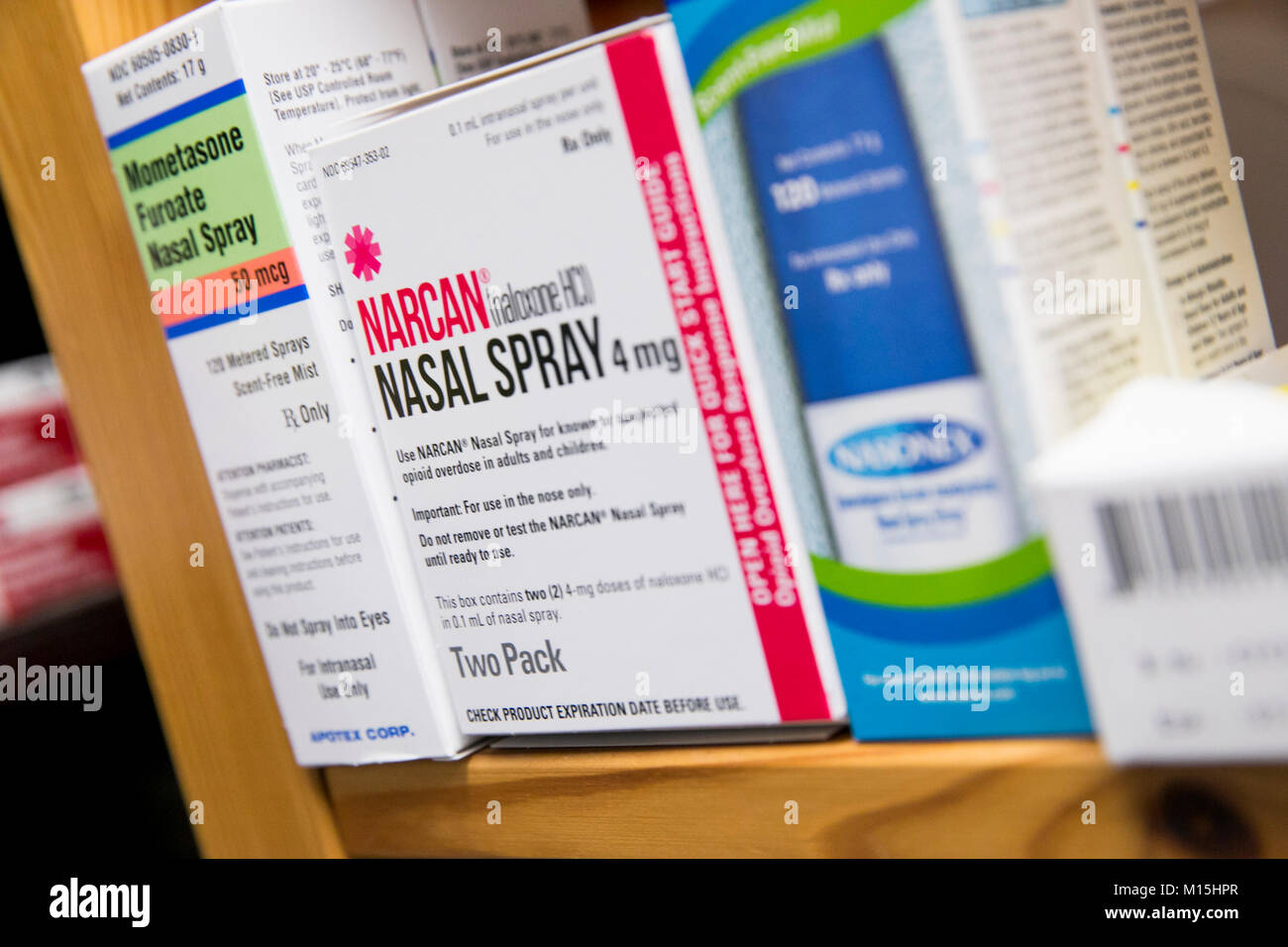 A box of Narcan (Naloxone) nasal spray for treating Opioid overdoses as ...