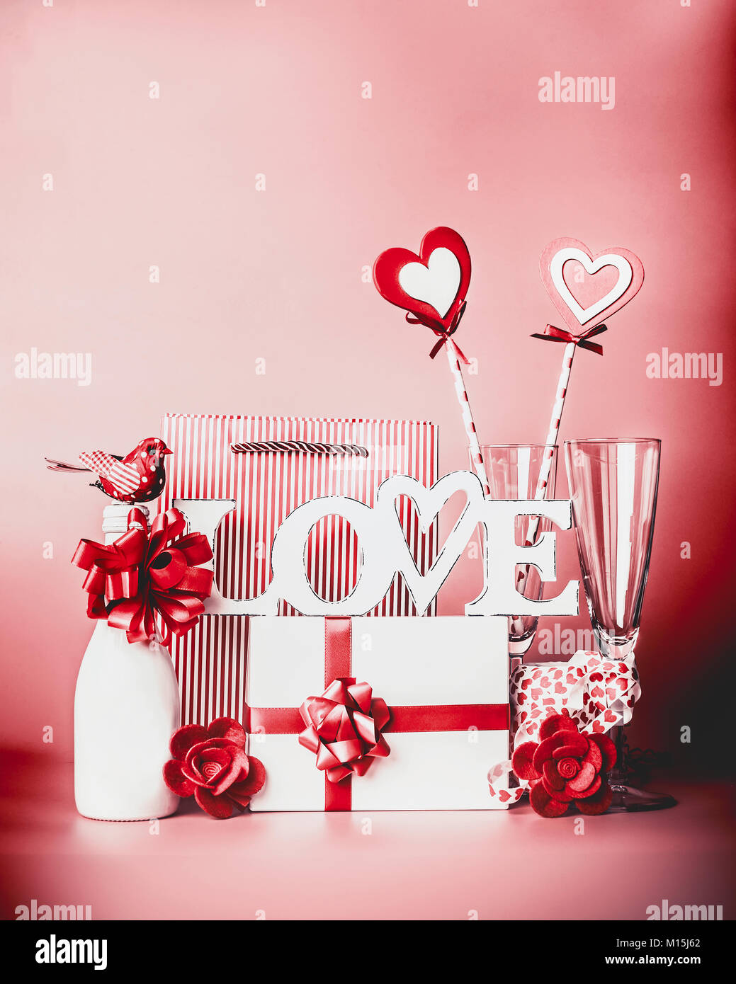 Valentines day romantic still life with word Love and greeting setting ...