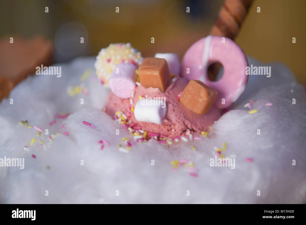 pastel color food photography with white candy floss and strawberry ...