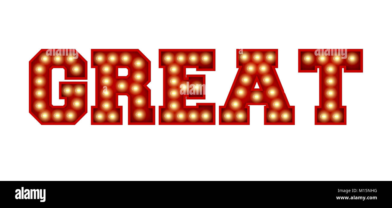 Great word made from red vintage lightbulb lettering isolated on a ...