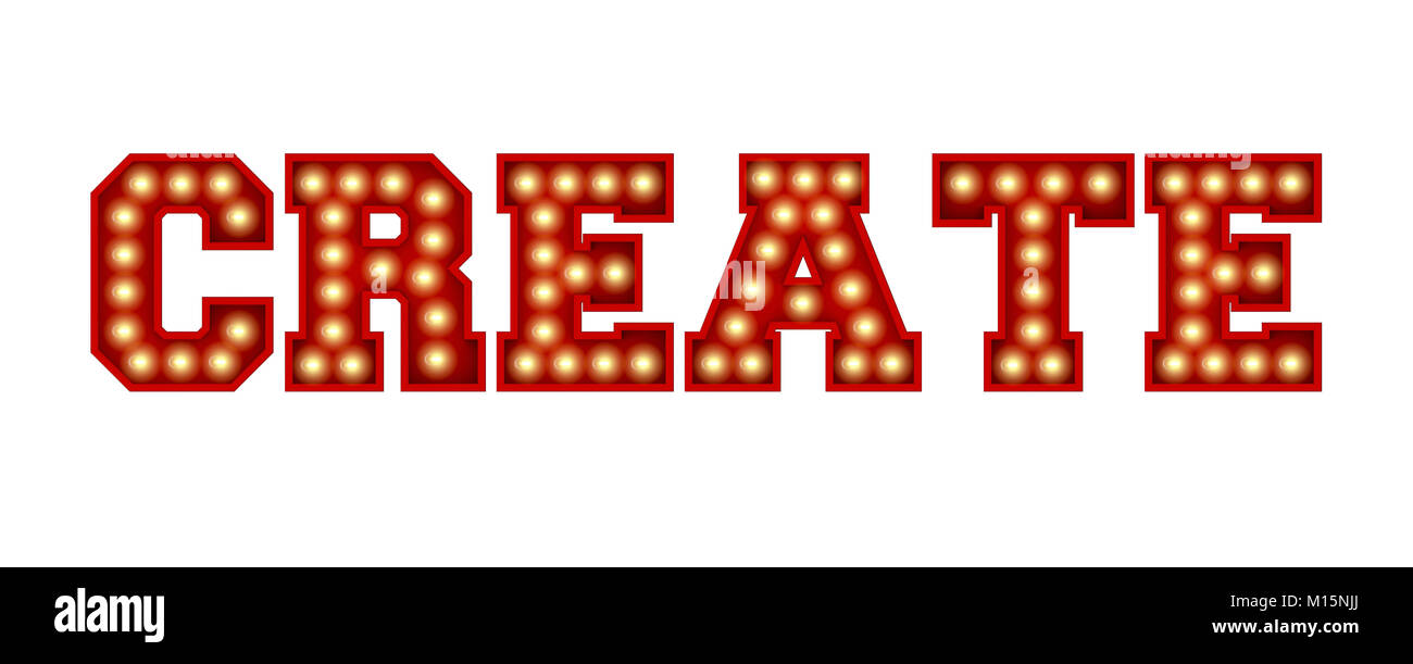 Create word made from red vintage lightbulb lettering isolated on a ...