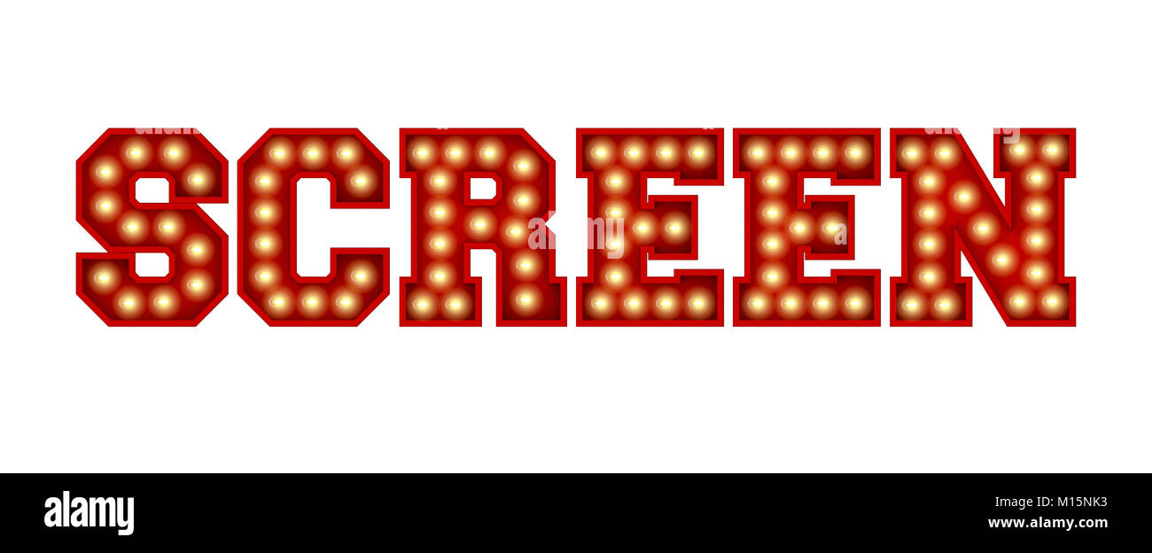 Screen word made from red vintage lightbulb lettering isolated on a ...