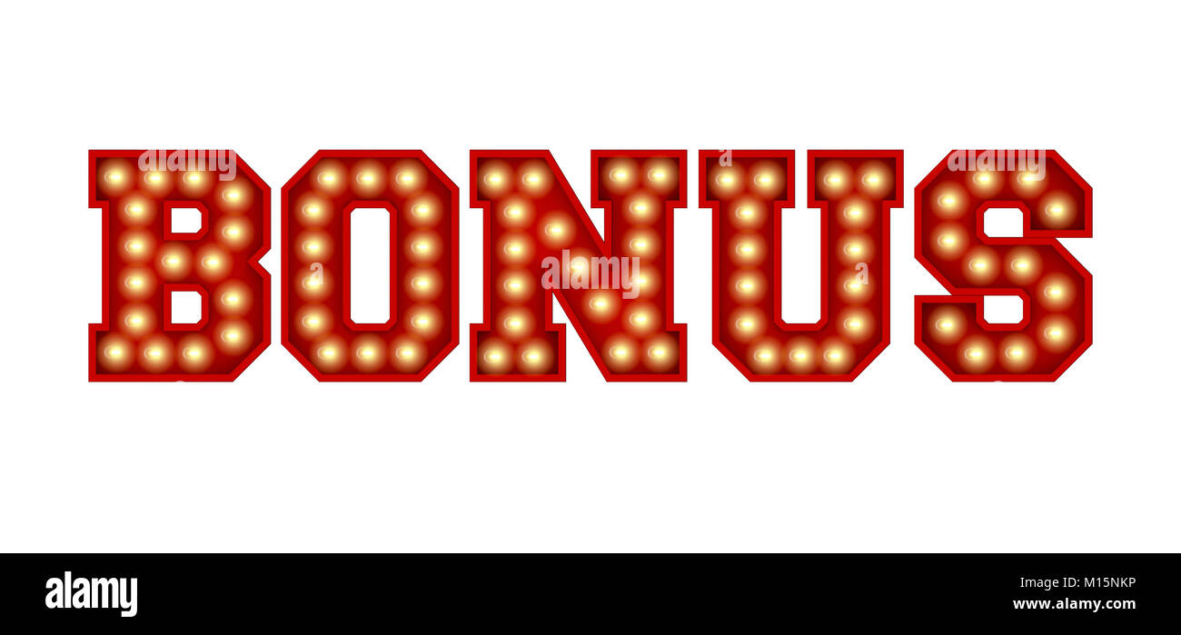 Bonus word made from red vintage lightbulb lettering isolated on a ...